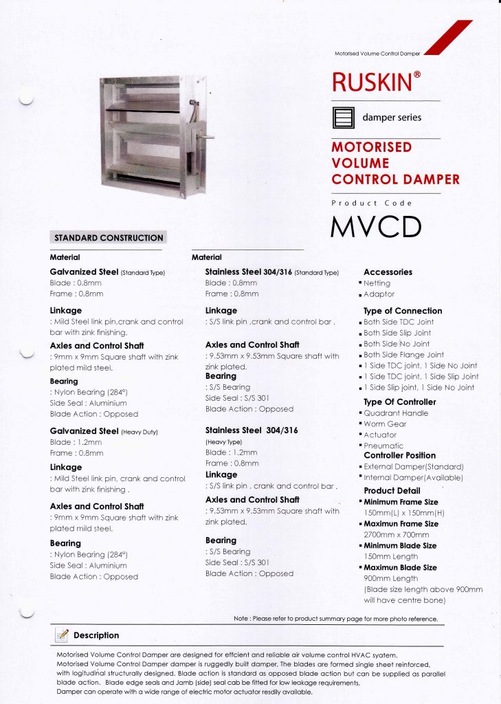 Motorised Volume Control Damper – Ruskin (M) Sdn Bhd
